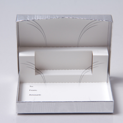 4-5/8 x 3-3/8 x 5/8 METALLIC SILVER GIFT CARD BOX WITH POP-UP INSERT