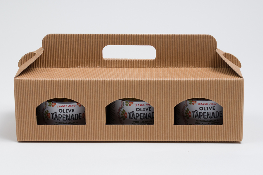 12-1/8 x 3-15/16 x 3-1/2” Natural Kraft Window Jar Carrier Boxes - 3 Jar