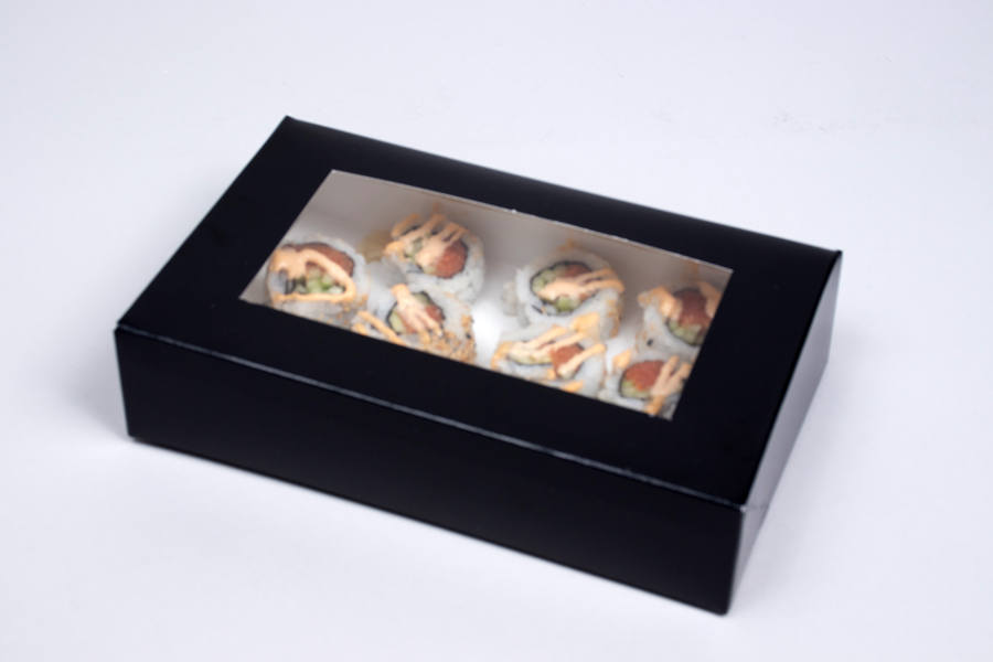 8.5 x 5.25 x 2 Black Gloss One-Piece Sushi Boxes with View Windows
