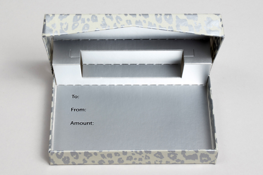 4-5/8 X 3-3/8 X 5/8 Silver Cheetah Silver Gift Card Box With Pop-Up Insert