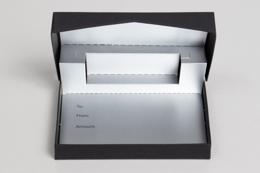 Black Soft Touch Gift Card Boxes with Silver Pop-Up Inserts