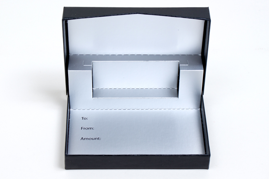 4-5/8 X 3-3/8 X 5/8 Black Linen Gift Card Box With Silver Pop-Up Insert