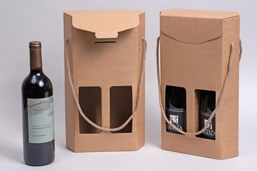 8x3.5x14 Kraft Hex Wine Carrier w/ Rope Handles – 2 bottles